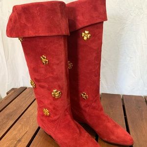 Escada | Shoes | Escada Studded Flowers Red Suede Leather Boots | Poshmark